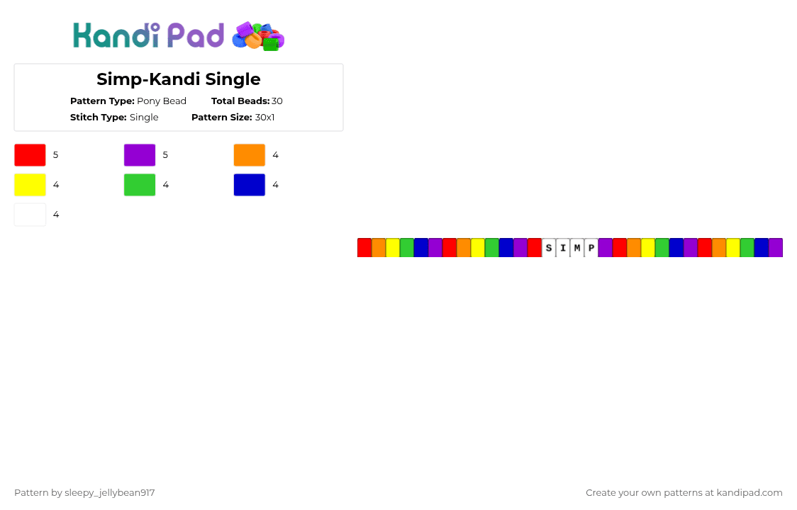 Simp-Kandi Single Pony Bead Pattern - Kandi Pad | Kandi Patterns, Fuse ...