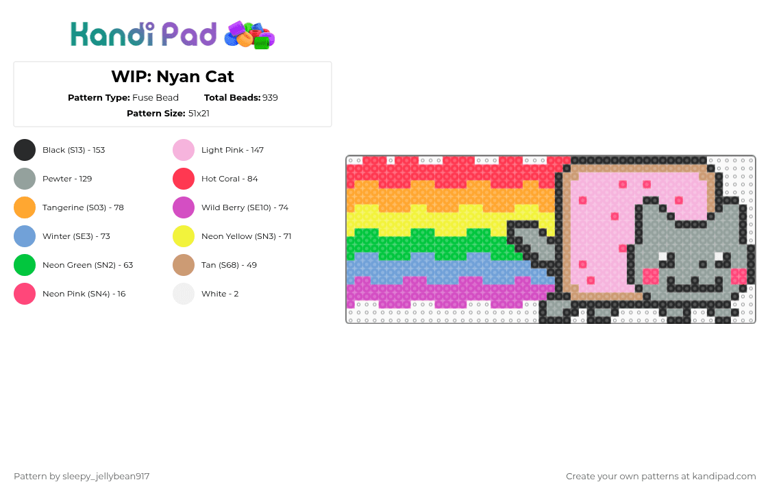 Nyan Cat Fuse Bead Pattern - Kandi Pad | Kandi Patterns, Fuse Bead ...