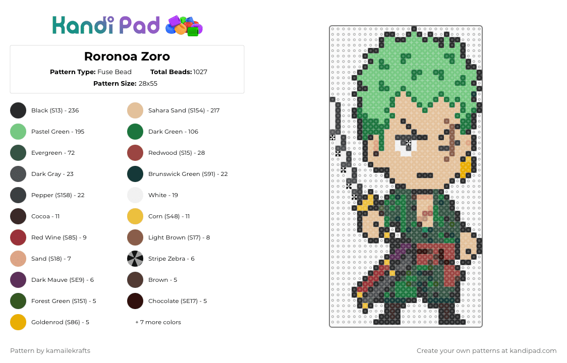 Roronoa Zoro Fuse Bead Pattern - Kandi Pad | Kandi Patterns, Fuse Bead ...