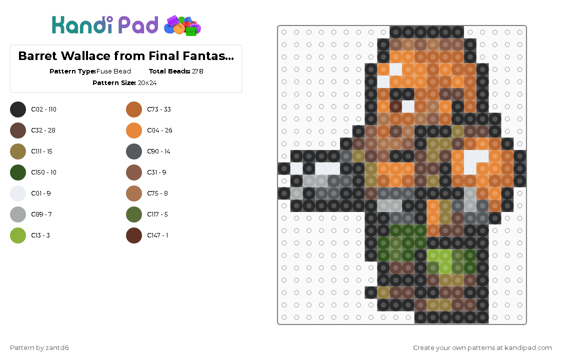 Barret Wallace from Final Fantasy VII Fuse Bead Pattern - Kandi Pad ...