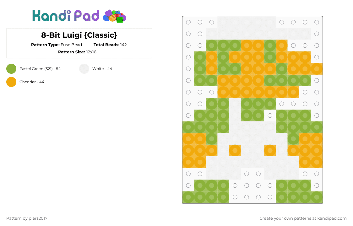 8-Bit Luigi {Classic} Fuse Bead Pattern - Kandi Pad | Kandi Patterns ...