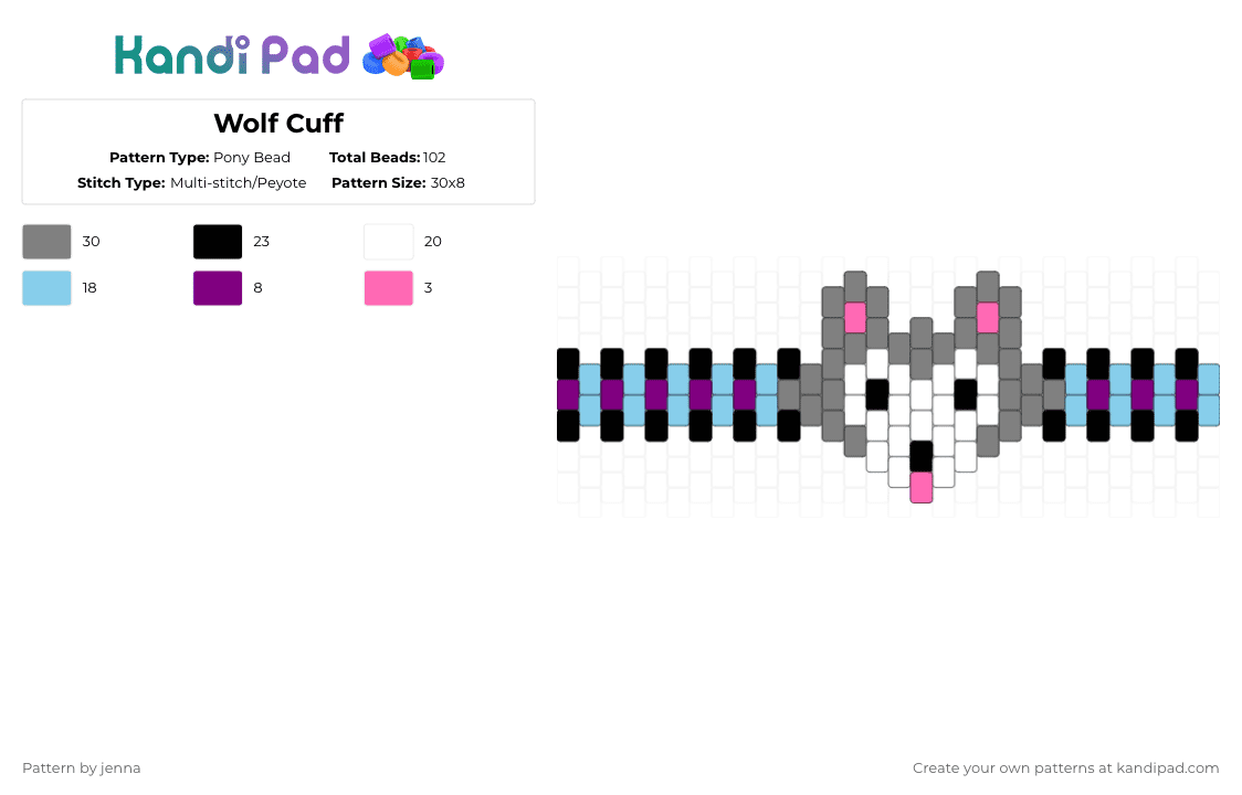 Wolf Cuff Pony Bead Pattern - Kandi Pad | Kandi Patterns, Fuse Bead ...