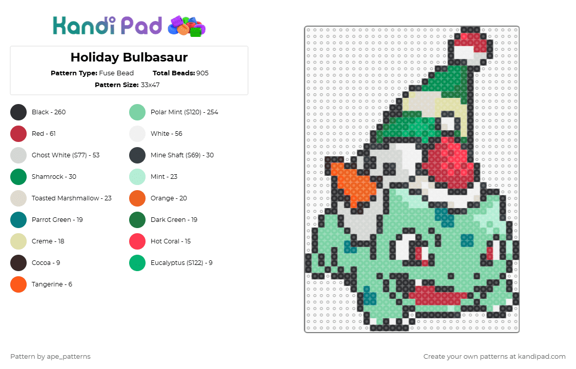 Christmas Bulbasaur Fuse Bead Pattern - Kandi Pad | Kandi Patterns ...