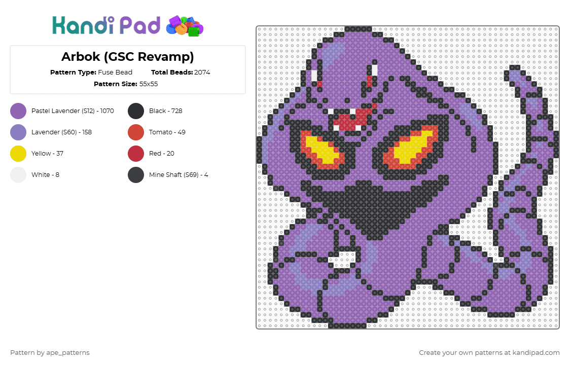 Arbok (GSC Revamp) Fuse Bead Pattern - Kandi Pad | Kandi Patterns, Fuse ...