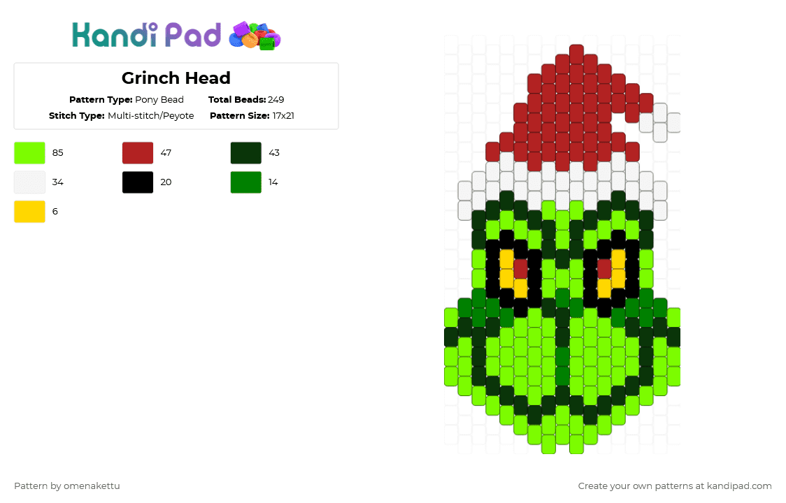 Grinch Head Pony Bead Pattern - Kandi Pad | Kandi Patterns, Fuse Bead ...