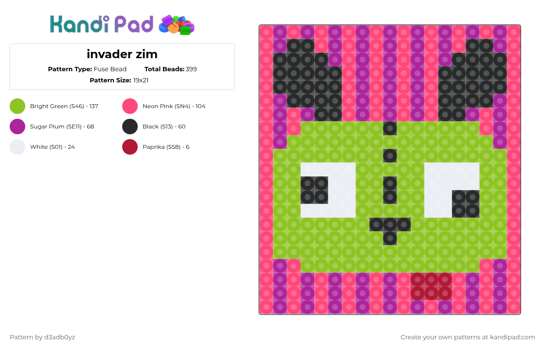 Invader zim Fuse Bead Pattern - Kandi Pad | Kandi Patterns, Fuse Bead ...
