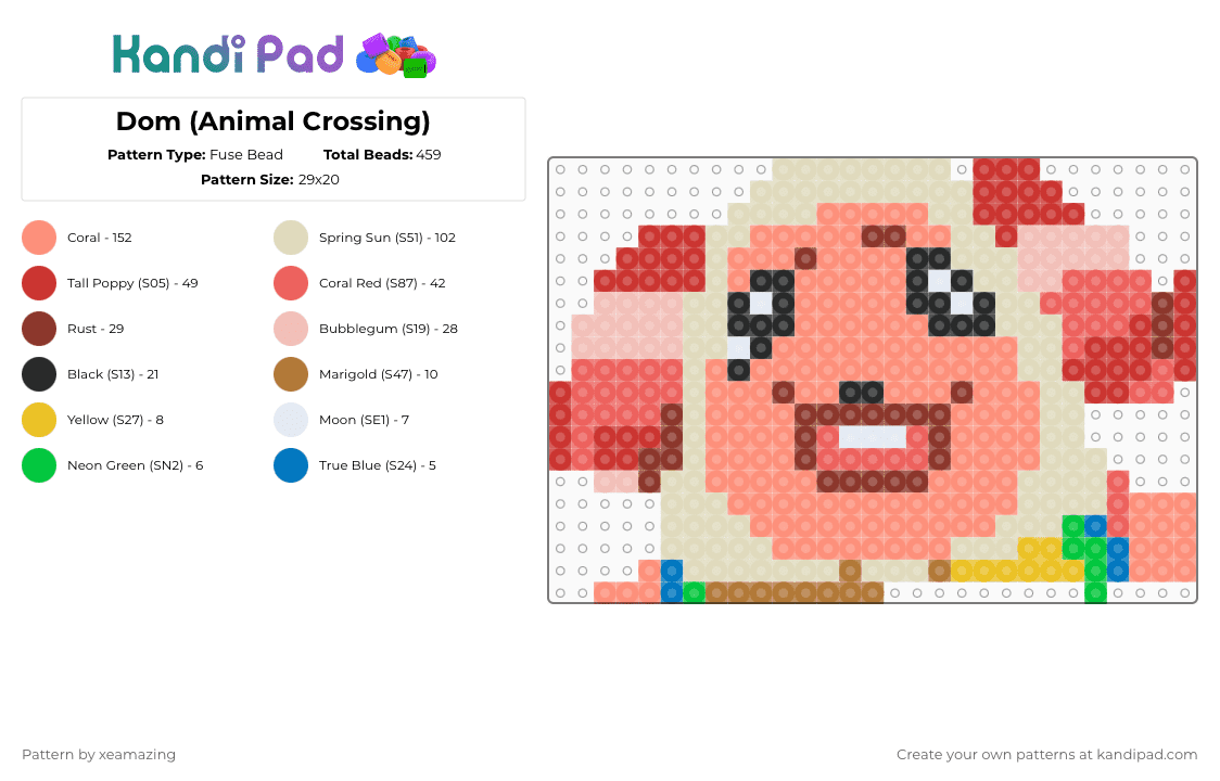 Dom (Animal Crossing) Fuse Bead Pattern - Kandi Pad | Kandi Patterns ...