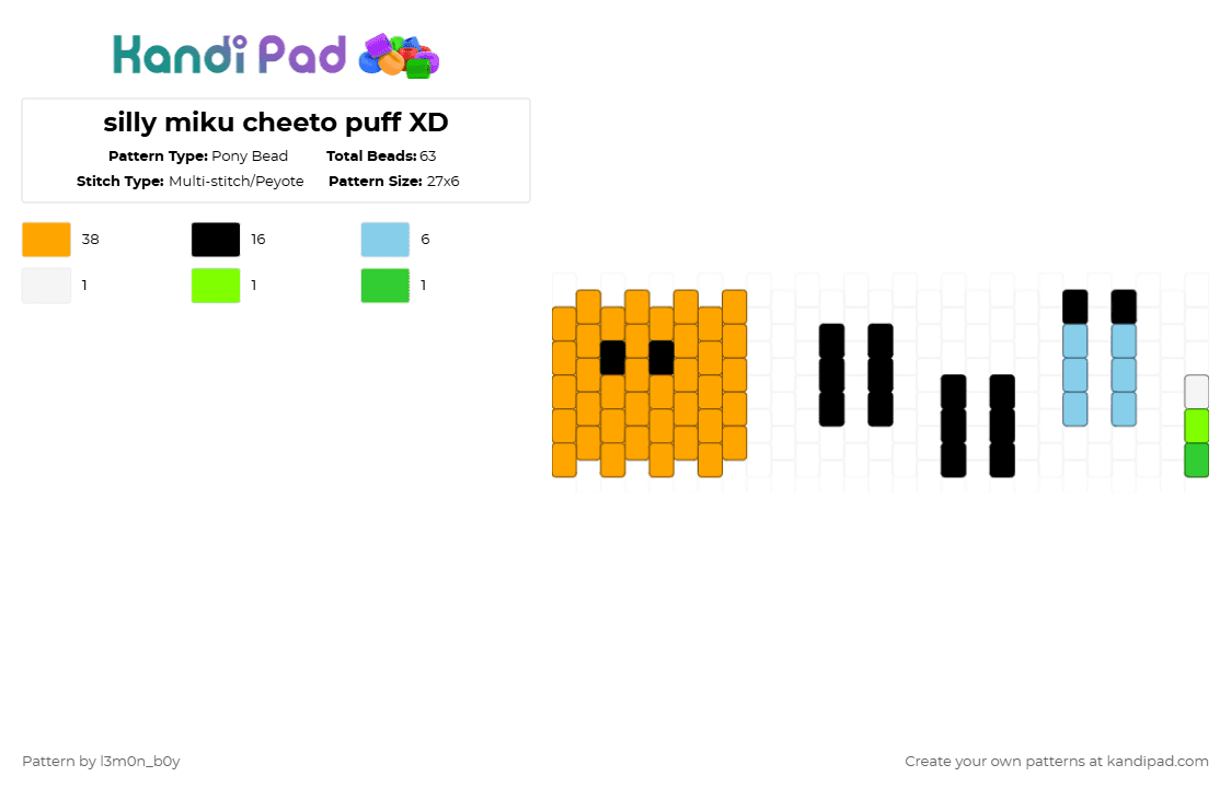 Silly miku cheeto puff XD Pony Bead Pattern - Kandi Pad | Kandi ...