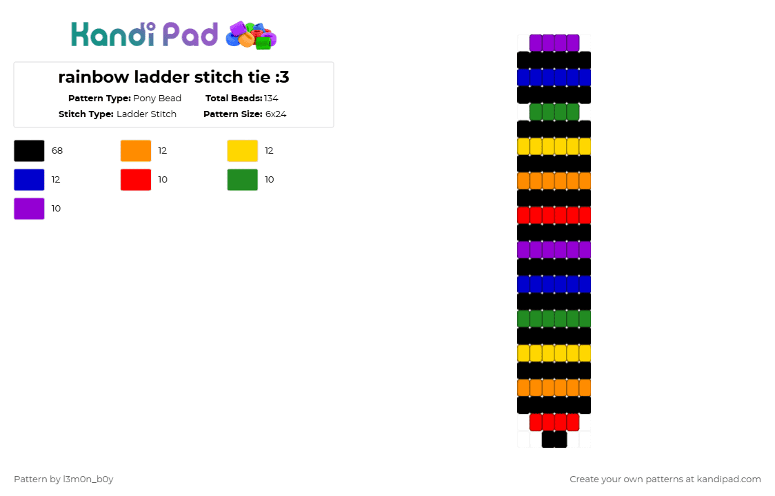 Rainbow ladder stitch tie :3 Pony Bead Pattern - Kandi Pad | Kandi ...