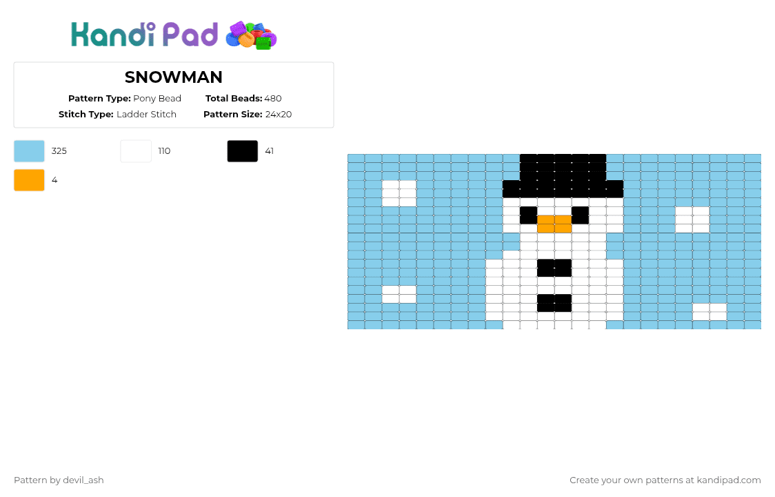 SNOWMAN Pony Bead Pattern - Kandi Pad | Kandi Patterns, Fuse Bead ...