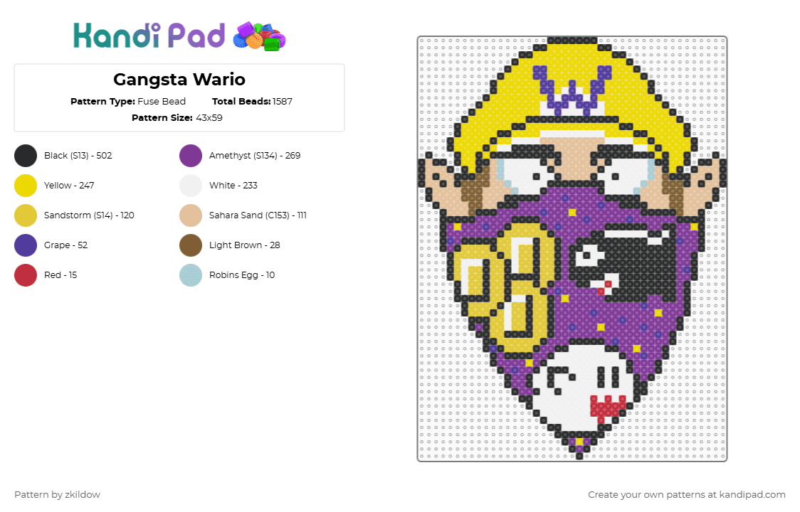 Gangsta Wario Fuse Bead Pattern - Kandi Pad | Kandi Patterns, Fuse Bead ...