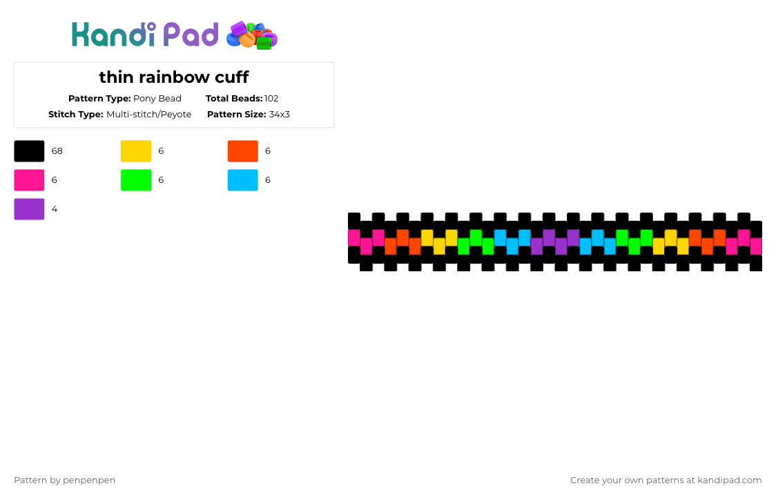 Thin rainbow cuff Pony Bead Pattern - Kandi Pad | Kandi Patterns, Fuse ...