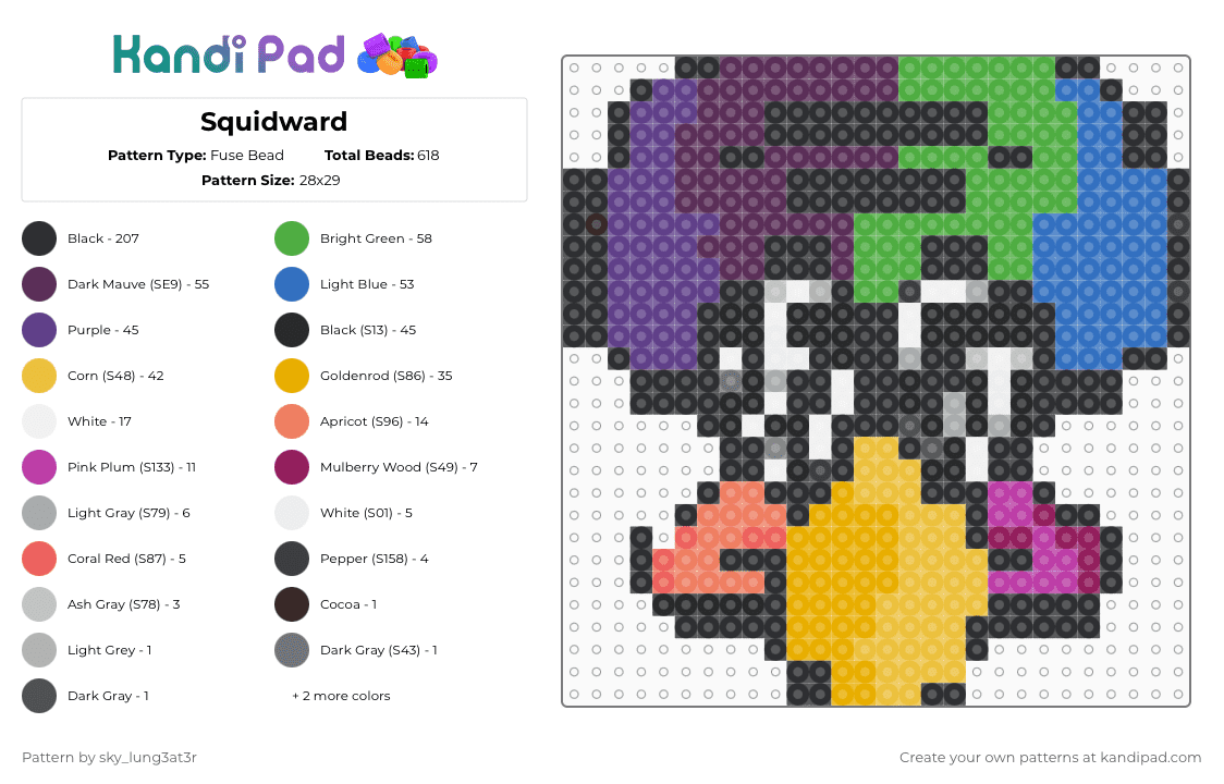 Squidward Fuse Bead Pattern - Kandi Pad | Kandi Patterns, Fuse Bead ...