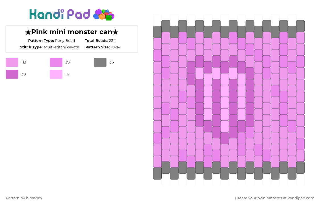 ★Pink mini monster can★ Pony Bead Pattern - Kandi Pad | Kandi Patterns ...