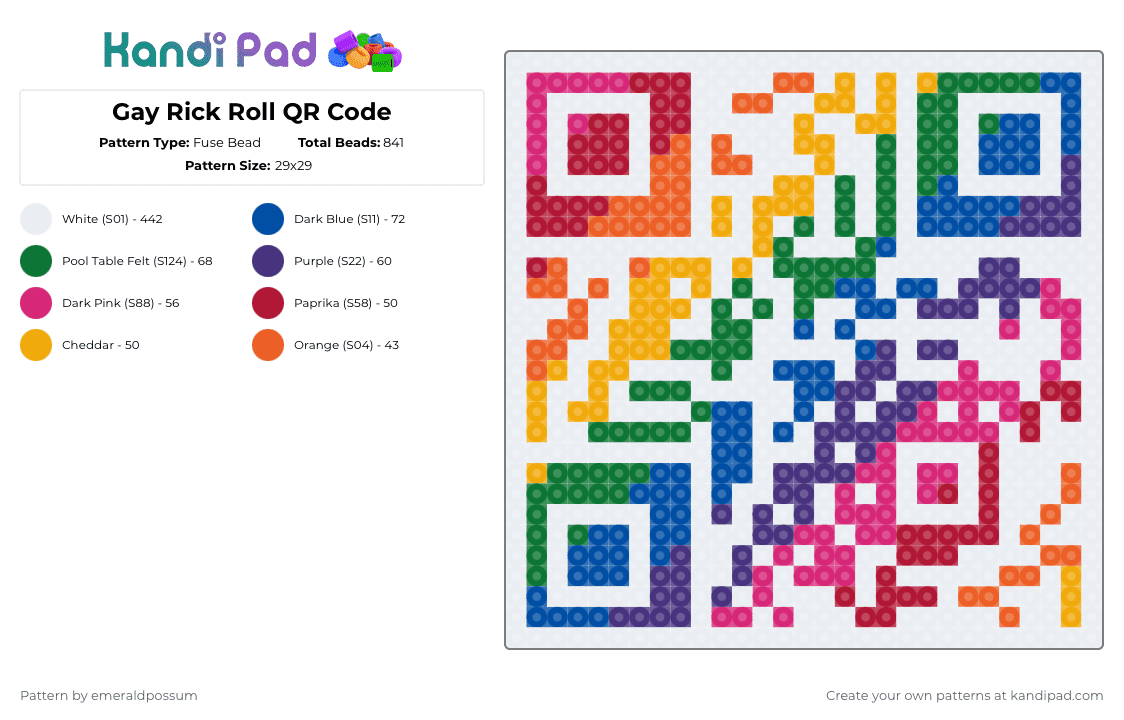 Gay Rick Roll QR Code Fuse Bead Pattern - Kandi Pad | Kandi Patterns ...