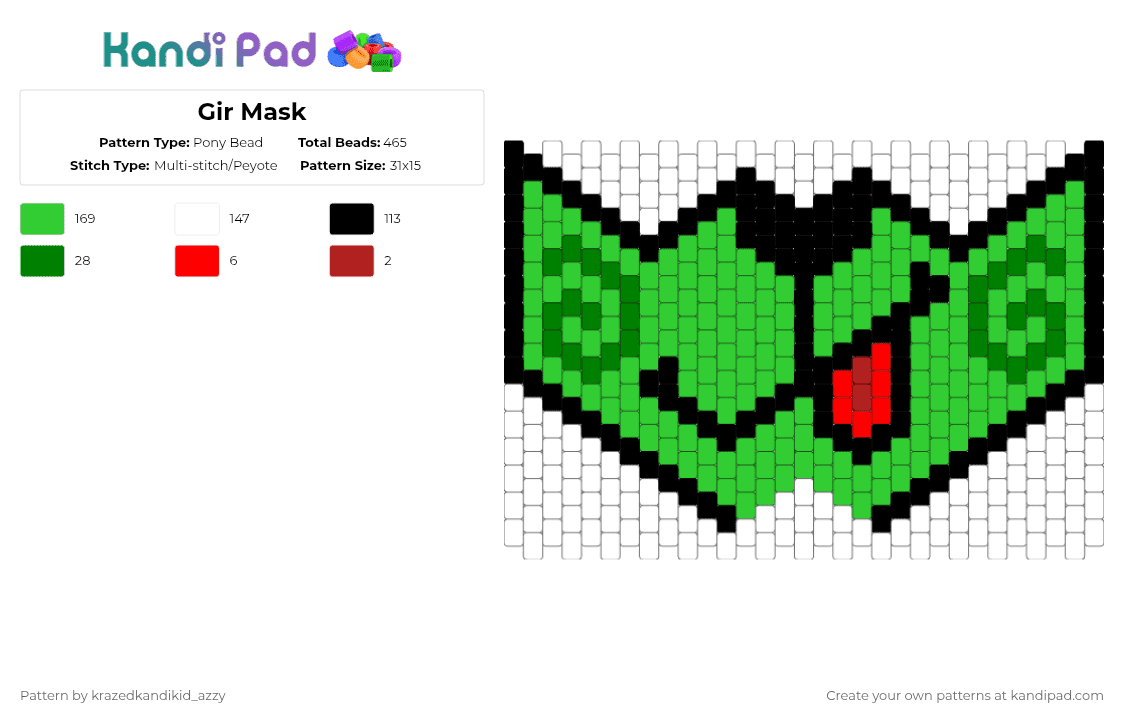 Gir Mask Pony Bead Pattern - Kandi Pad | Kandi Patterns, Fuse Bead ...