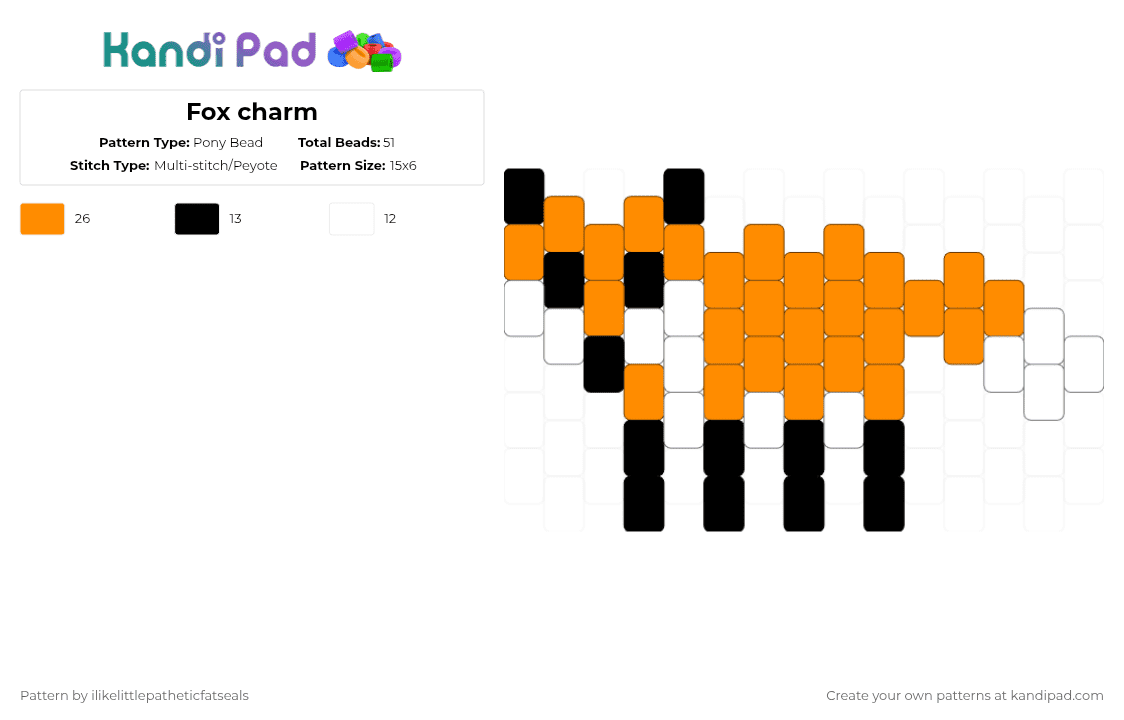 Fox charm Pony Bead Pattern - Kandi Pad | Kandi Patterns, Fuse Bead ...