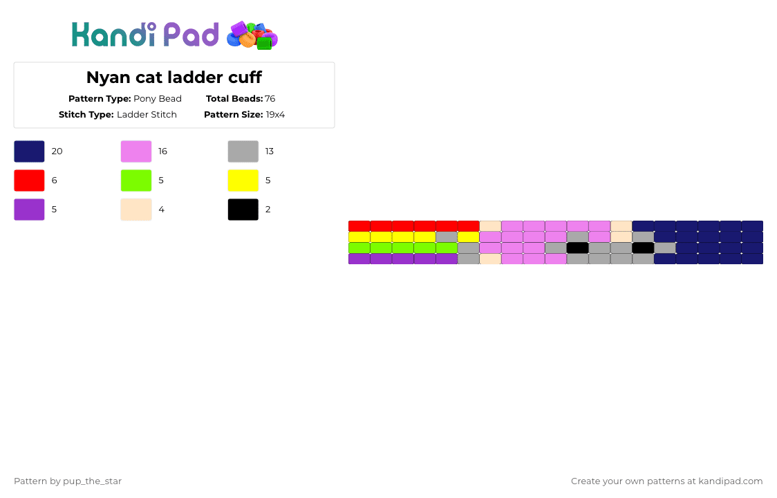Nyan cat ladder cuff Pony Bead Pattern - Kandi Pad | Kandi Patterns ...