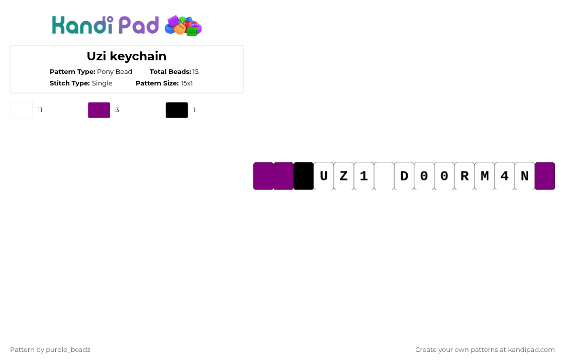 Uzi keychain Pony Bead Pattern - Kandi Pad | Kandi Patterns, Fuse Bead ...