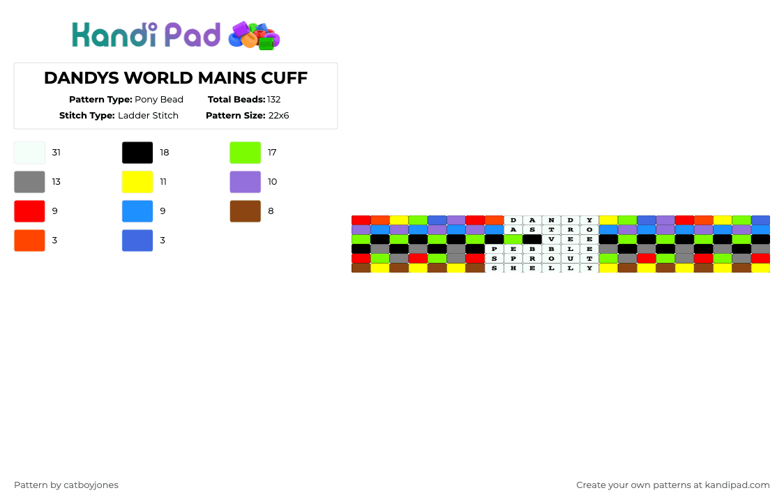 DANDYS WORLD MAINS CUFF Pony Bead Pattern - Kandi Pad | Kandi Patterns ...