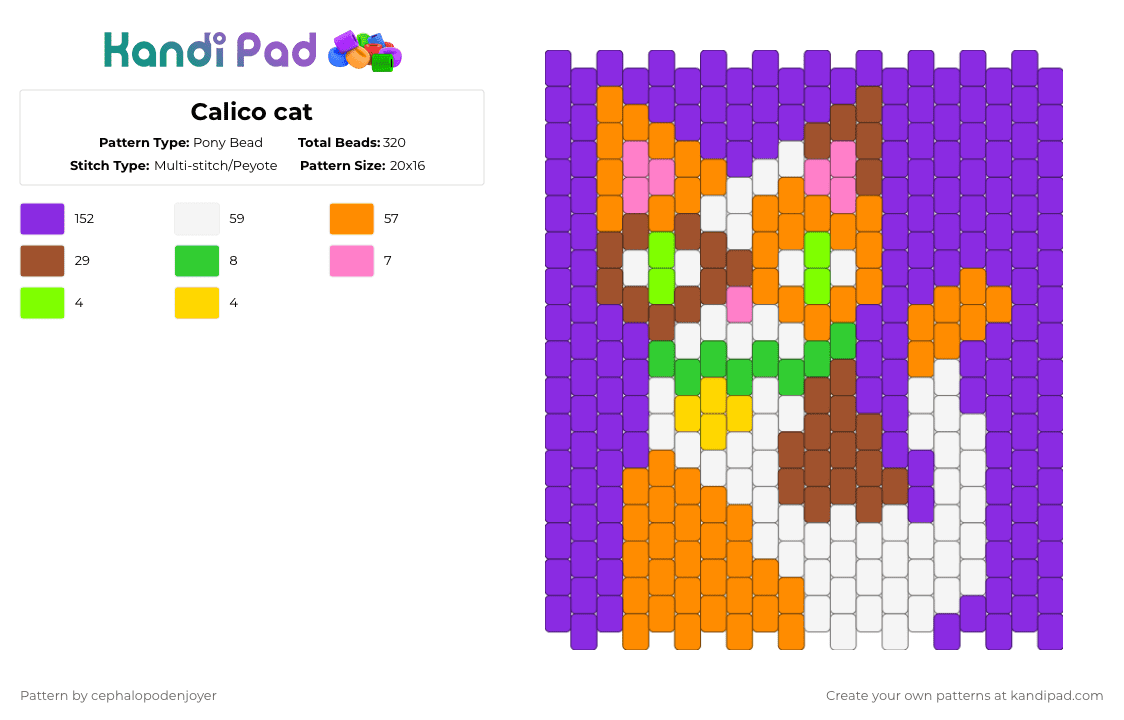Calico cat Pony Bead Pattern - Kandi Pad | Kandi Patterns, Fuse Bead ...