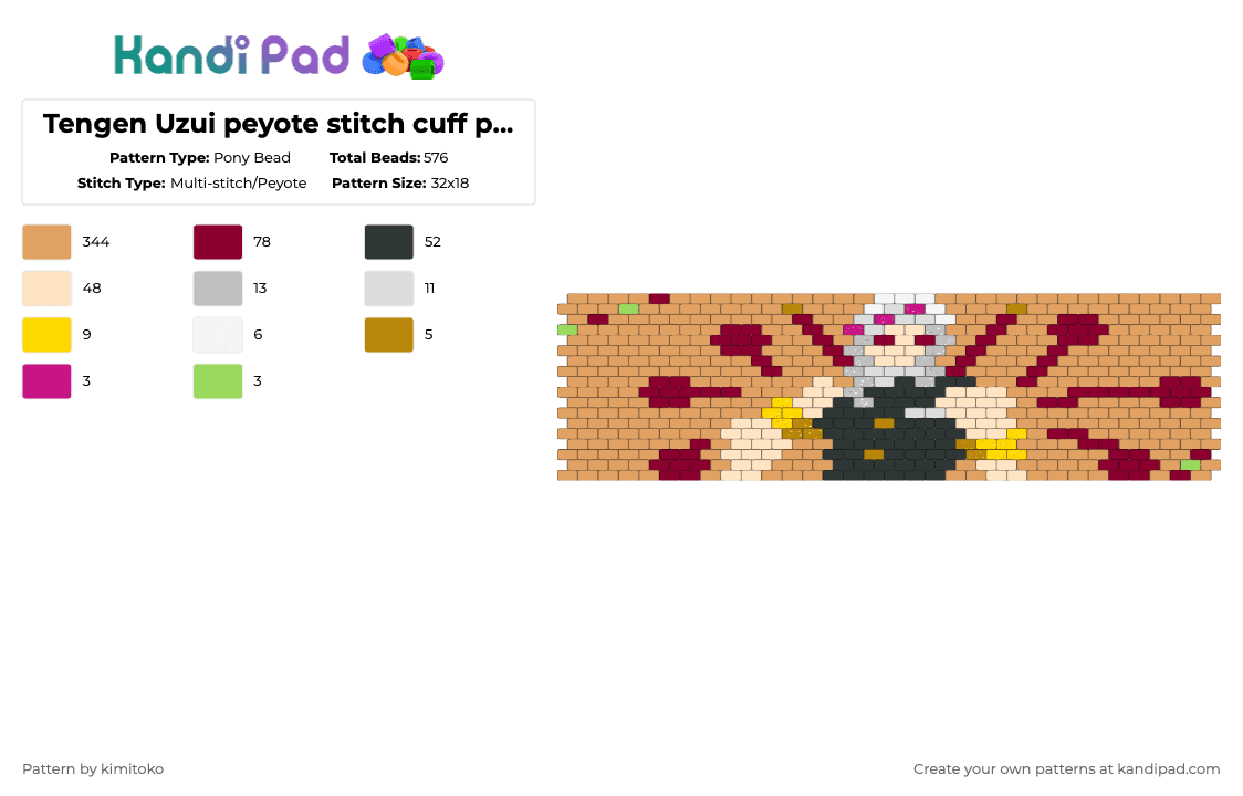 Tengen Uzui peyote stitch cuff pattern Pony Bead Pattern - Kandi Pad ...