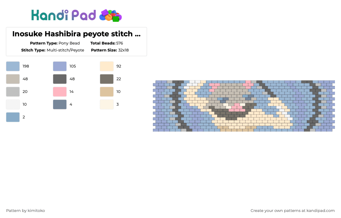 Inosuke Hashibira peyote stitch cuff pattern Pony Bead Pattern - Kandi ...