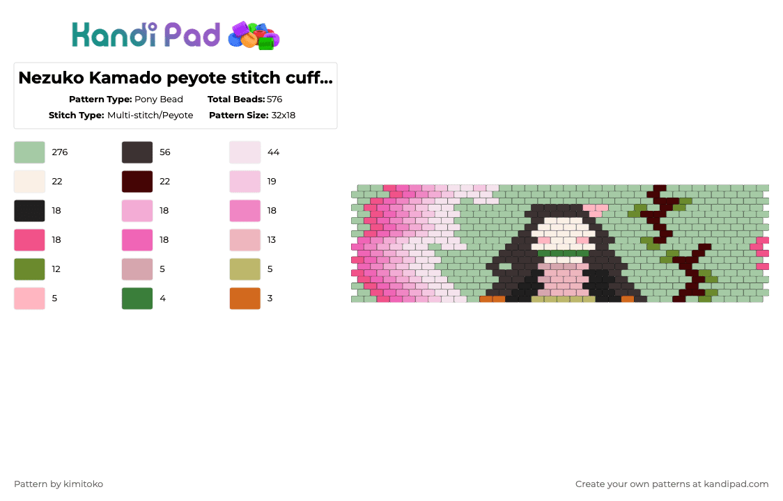 Nezuko Kamado peyote stitch cuff pattern Pony Bead Pattern - Kandi Pad ...