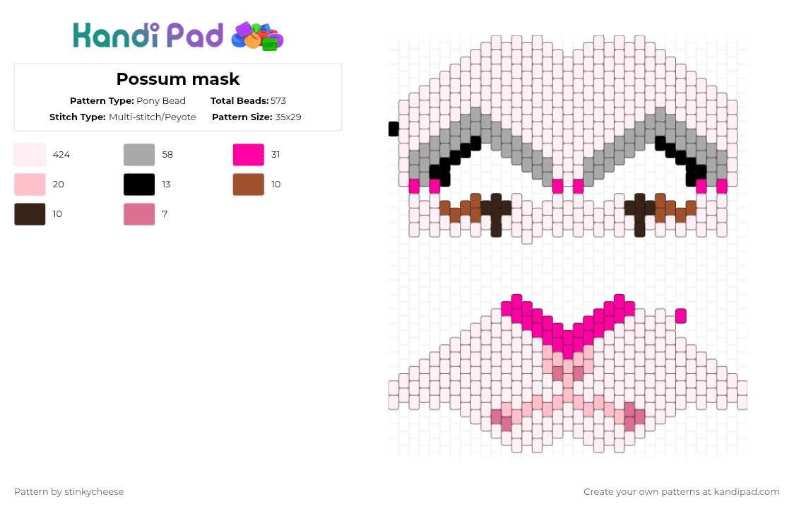 Possum mask Pony Bead Pattern - Kandi Pad | Kandi Patterns, Fuse Bead ...