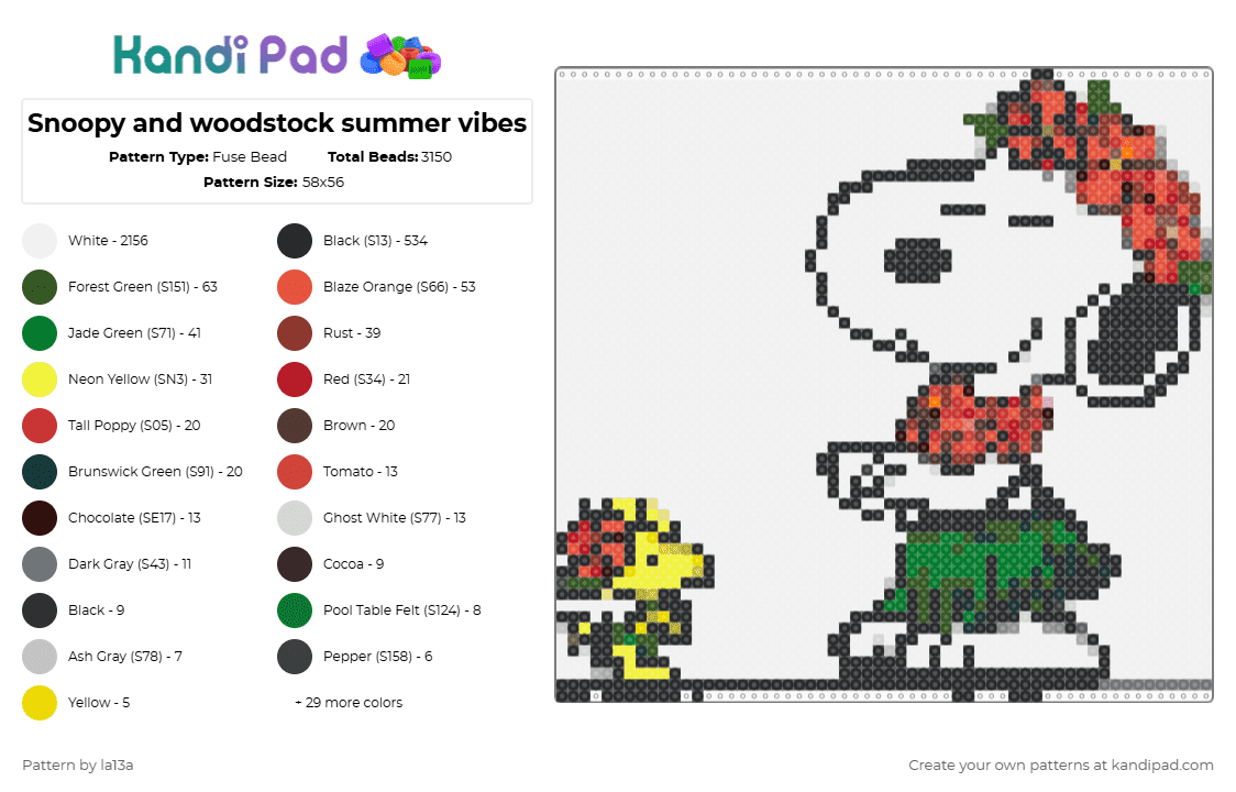 Snoopy and woodstock summer vibes Fuse Bead Pattern - Kandi Pad | Kandi ...