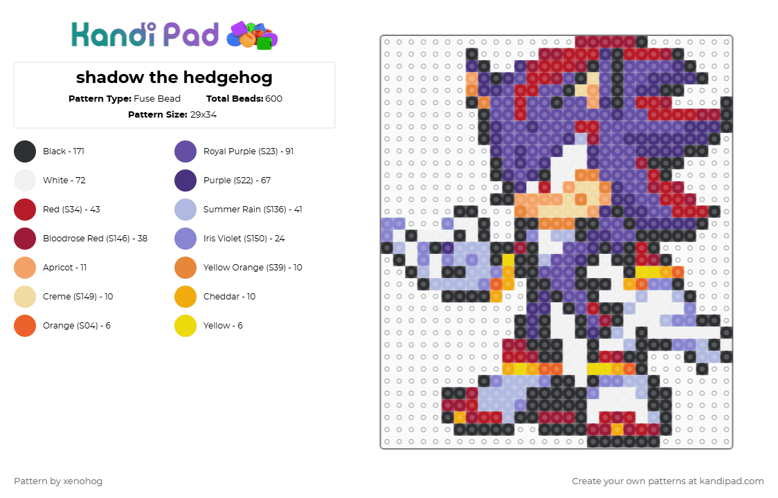 Shadow the hedgehog Fuse Bead Pattern - Kandi Pad | Kandi Patterns ...