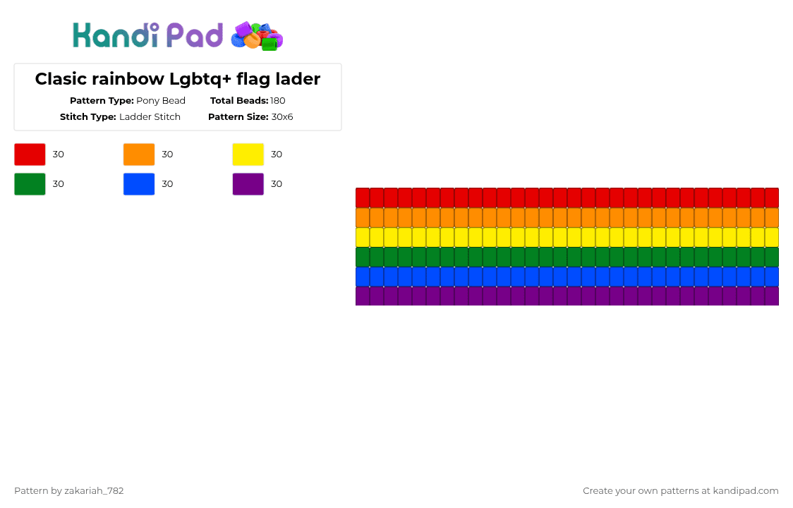 Clasic rainbow Lgbtq+ flag square stitch Pony Bead Pattern - Kandi Pad ...