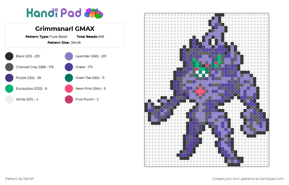 Grimmsnarl GMAX Fuse Bead Pattern - Kandi Pad | Kandi Patterns, Fuse ...