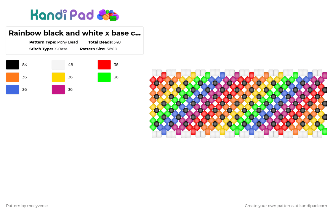 Rainbow black and white x base cuff standard cuff sized Pony Bead ...