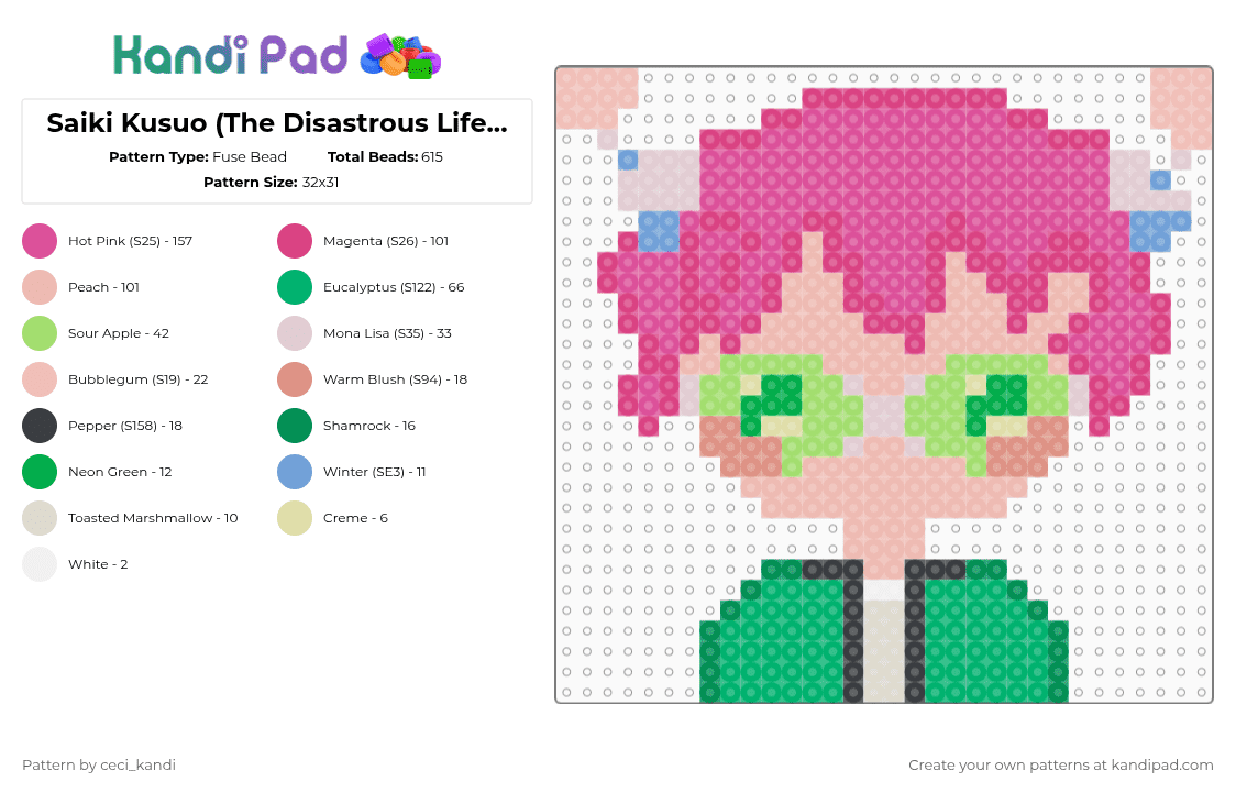 Saiki Kusuo (The Disastrous Life Of Saiki K) Fuse Bead Pattern - Kandi ...