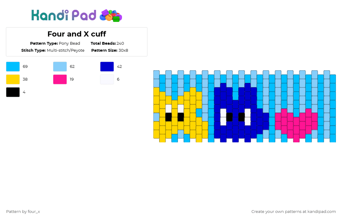 Four and X cuff Pony Bead Pattern - Kandi Pad | Kandi Patterns, Fuse ...
