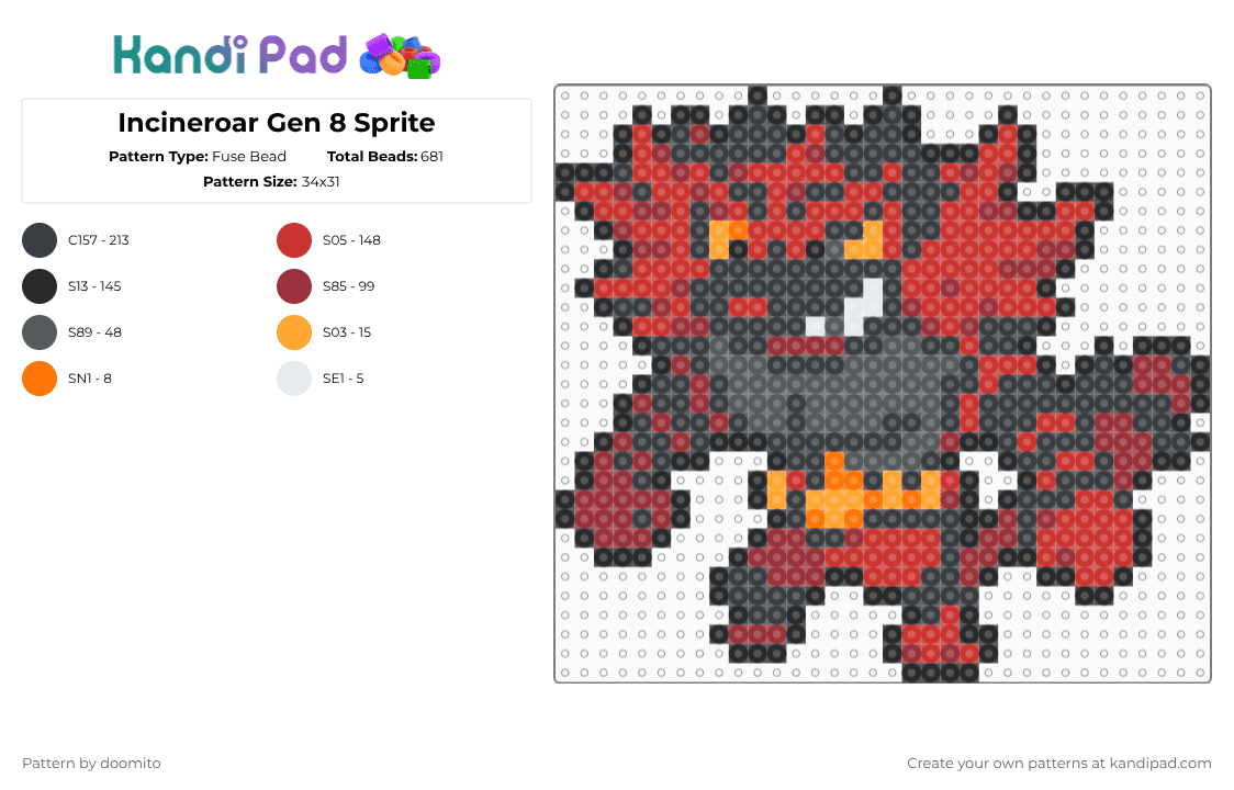 Incineroar Gen 8 Sprite Fuse Bead Pattern - Kandi Pad | Kandi Patterns ...