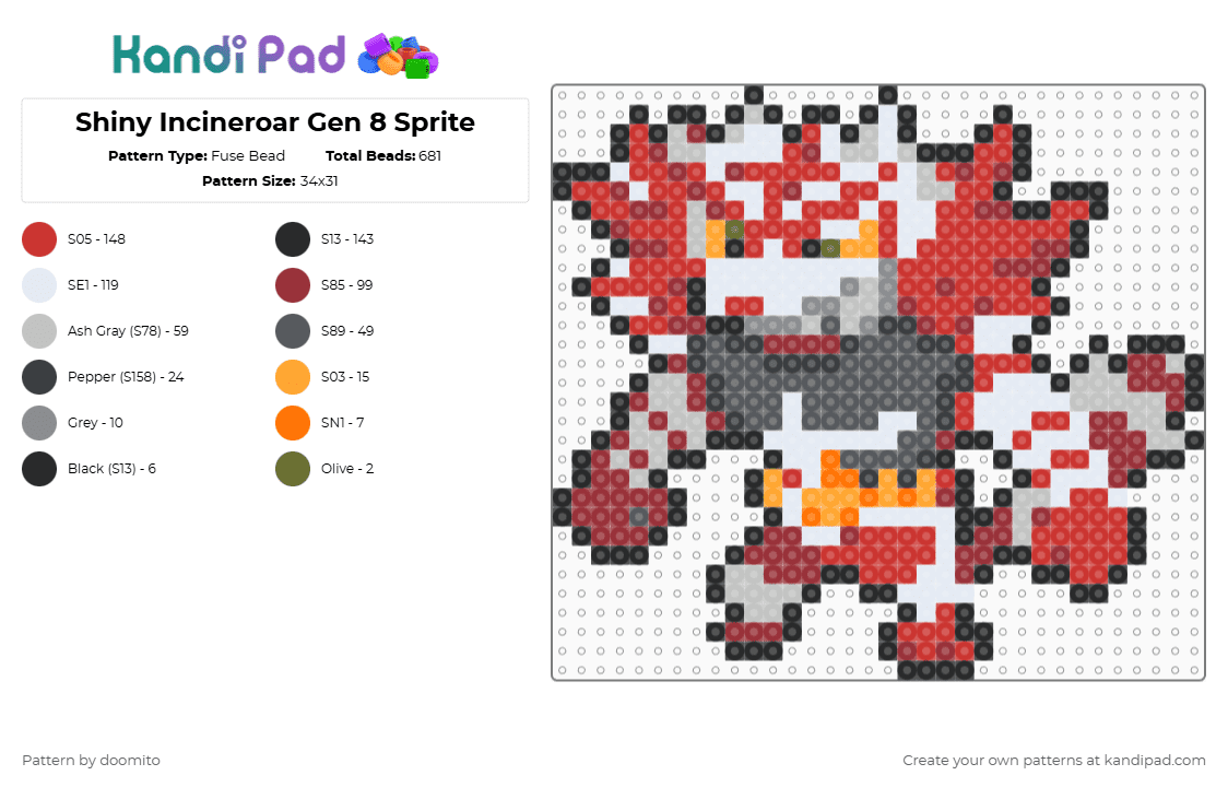 Shiny Incineroar Gen 8 Sprite Fuse Bead Pattern - Kandi Pad | Kandi ...