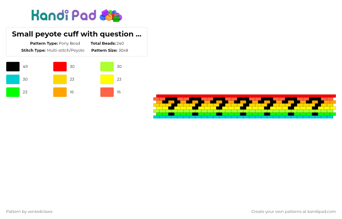 Small peyote cuff with question marks Pony Bead Pattern - Kandi Pad ...
