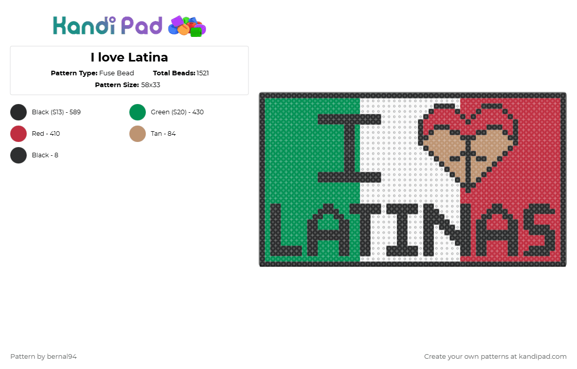 I love Latina Fuse Bead Pattern - Kandi Pad | Kandi Patterns, Fuse Bead ...