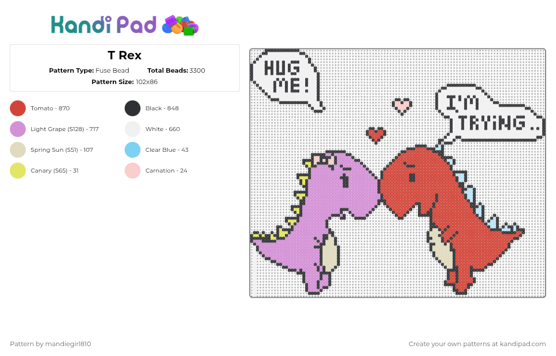 T Rex Fuse Bead Pattern - Kandi Pad | Kandi Patterns, Fuse Bead ...