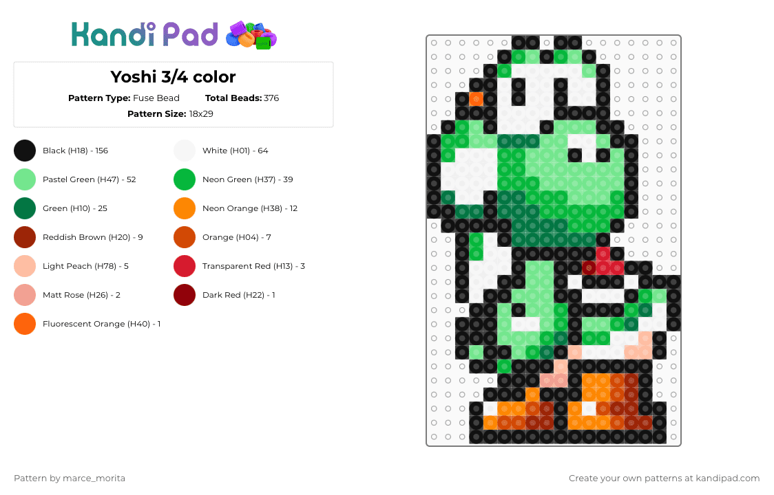 Yoshi 3/4 color Fuse Bead Pattern - Kandi Pad | Kandi Patterns, Fuse ...