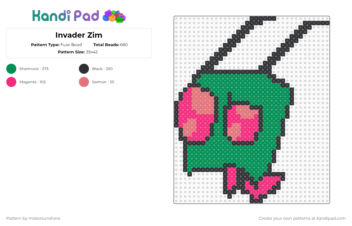 Invader Zim Fuse Bead Pattern - Kandi Pad | Kandi Patterns, Fuse Bead ...