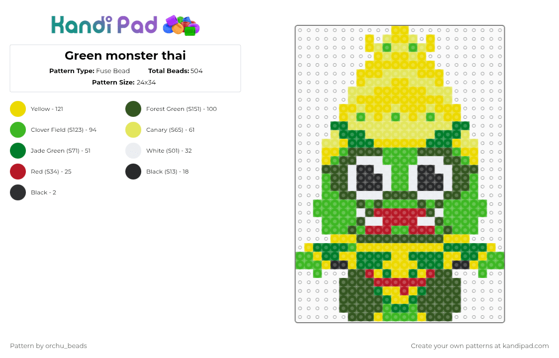 Green monster thai Fuse Bead Pattern - Kandi Pad | Kandi Patterns, Fuse ...