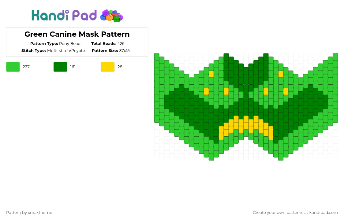 Green Canine Mask Pattern Pony Bead Pattern - Kandi Pad | Kandi ...