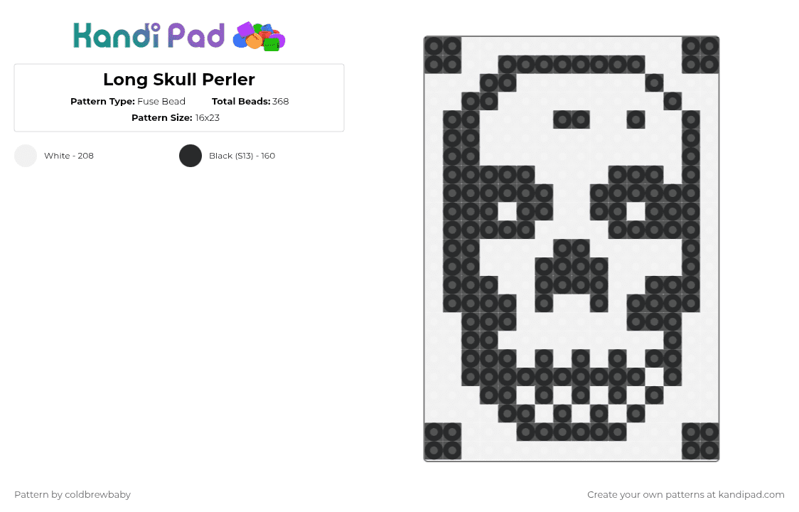 Long Skull Perler Fuse Bead Pattern - Kandi Pad | Kandi Patterns, Fuse ...