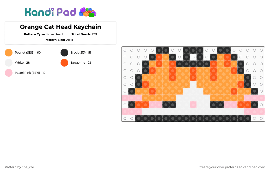 Orange Cat Head Keychain Fuse Bead Pattern - Kandi Pad | Kandi Patterns ...