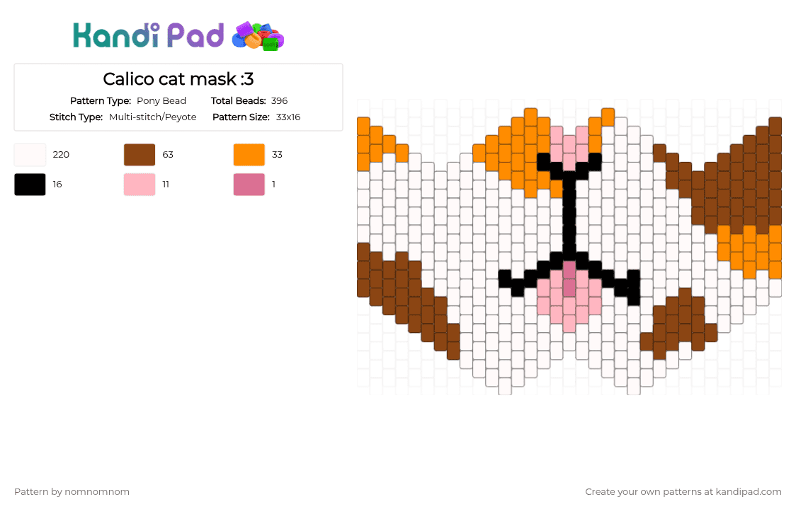 Calico cat mask :3 Pony Bead Pattern - Kandi Pad | Kandi Patterns, Fuse ...