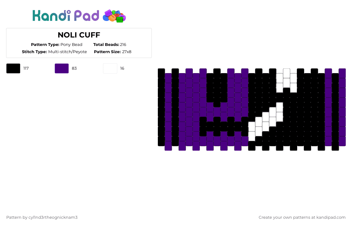 NOLI CUFF Pony Bead Pattern - Kandi Pad | Kandi Patterns, Fuse Bead ...