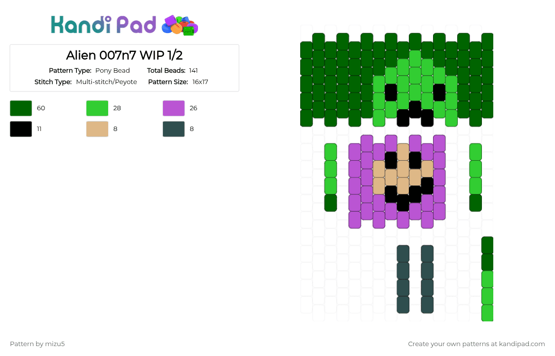 Alien 007n7 WIP 1/2 Pony Bead Pattern - Kandi Pad | Kandi Patterns ...